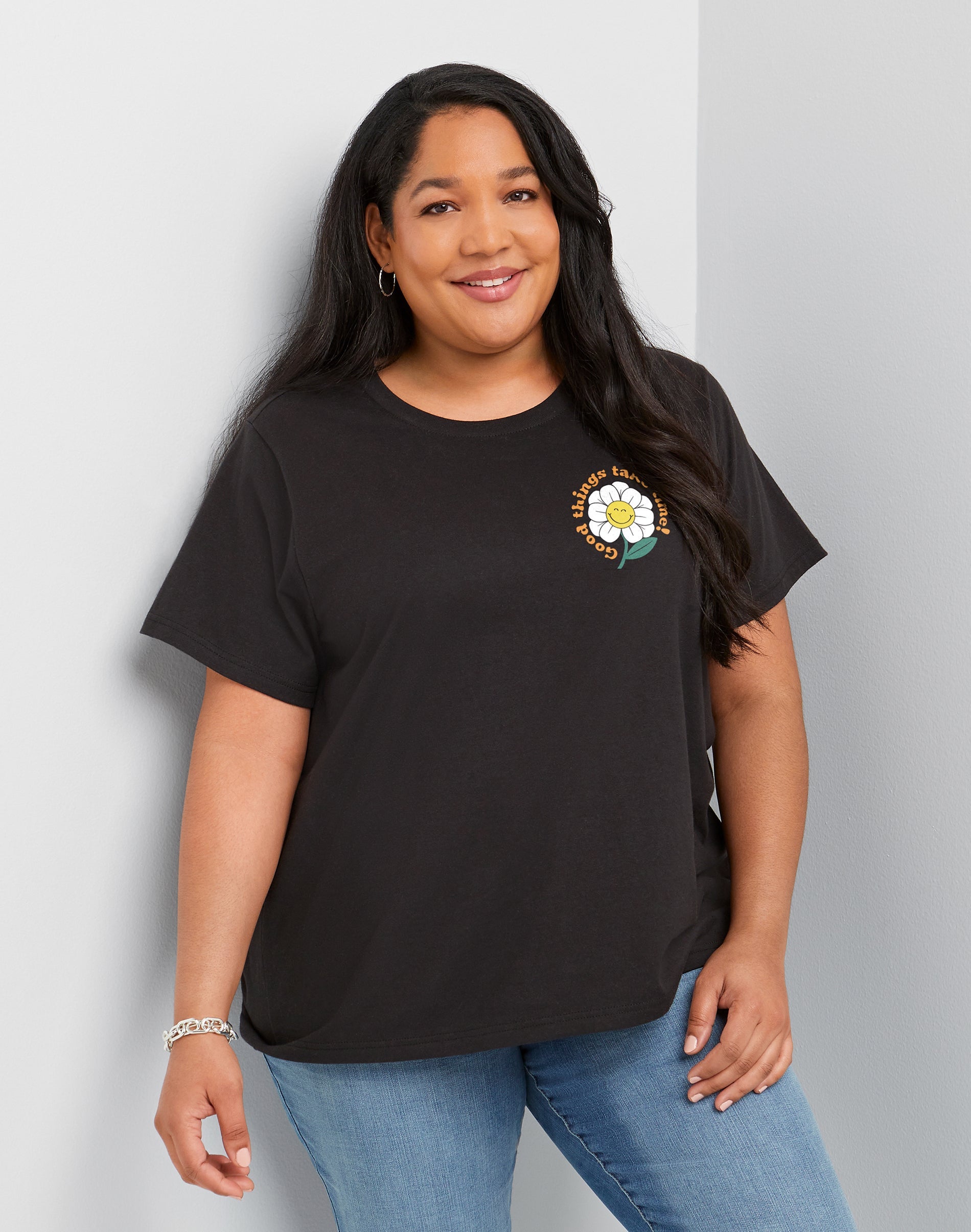Hanes Originals Women's Plus Graphic T-Shirt, Smile Daisy